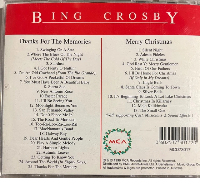 BING CROSBY - Merry Christmas + Thanks For The Memories 2 x CD 1996 MCA ...