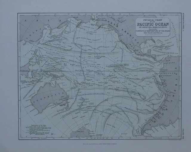 1850 MAIN COLORÉ Carte Physique Tableau Pacific Océan Courants ...