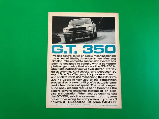 1965 FORD SHELBY Mustang Gt 350 Original Vintage Print Ad Advertisement ...