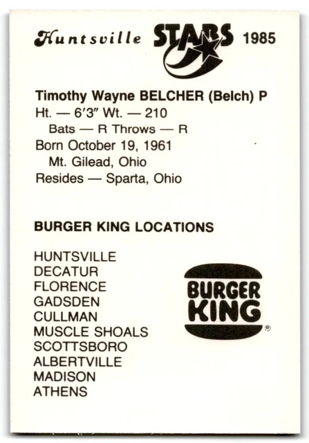 1985 BURGER KING Huntsville Stars Tim Belcher Huntsville Stars EUR 3,26 ...