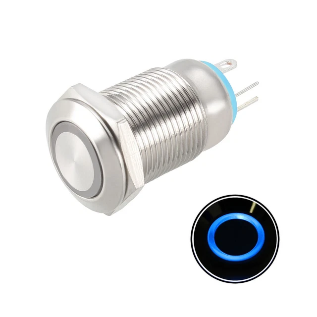 LATCHING METAL PUSH Button Switch 12mm Mounting Dia 1NO 3-6V Blue LED ...