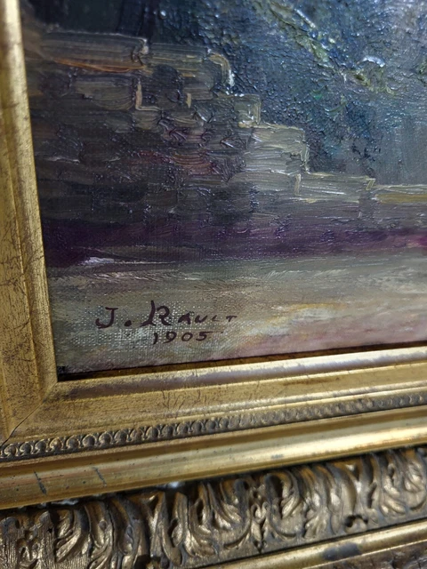 TABLEAU ANCIEN SIGNÉ J. RAULT. Paysage Animé. Peinture huile sur toile ...