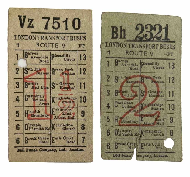 OLD LONDON TRANSPORT Used Tickets Ticket Buses Bus Trolleybus ROUTE 9 ...