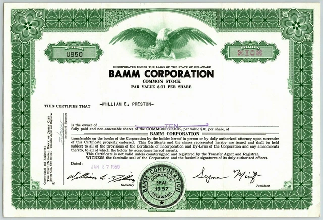 VINTAGE 1959 STOCK Certificate "Bamm Corporation" £11.70 - PicClick UK