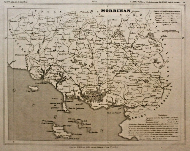 CARTE DU MORBIHAN, lithographie originale XIXe Bretagne ...
