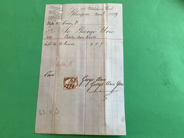 GEORGE URIE RAILWAY Switch Crossing Works Glasgow 1889 Receipt R41337 ...