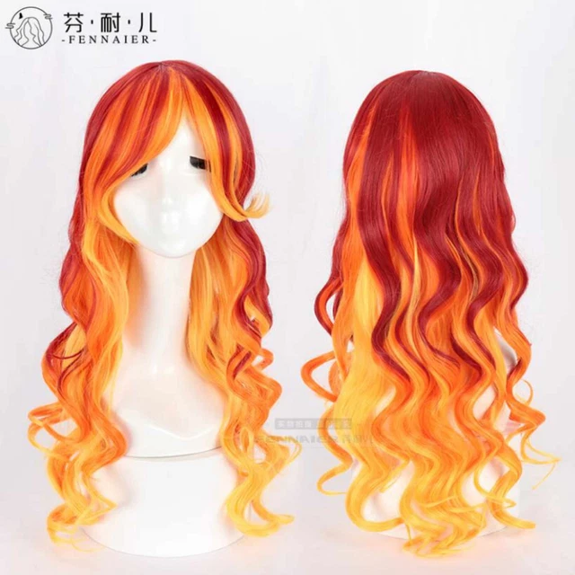 RED GRADUAL CHANGE Orange girl long curly hair cosplay wig Halloween ...