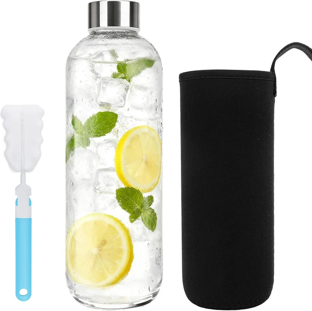 1L HIGH BOROSILICATE Glass Water Bottle with Stainless Steel Leak-Proof ...