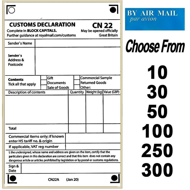 10,30,50,100,250,300 SELF ADHESIVE Custom Declaration Forms Label CN22 ...