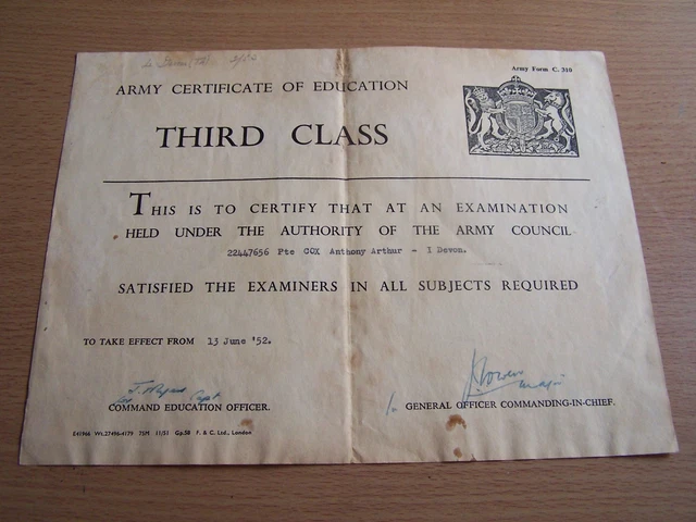 MILITARY ARMY CERTIFICATE of Education Third Class Private A A Cox Form ...