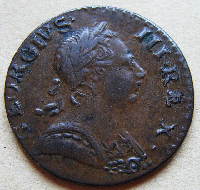 GEORGE III, COLONIAL, non-regal or evasion halfpenny 1773 'Aging George ...