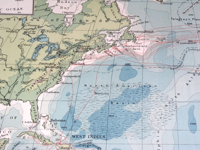 1908 ANTIQUE PHYSICAL Map Of Atlantic Ocean / Ocean Depths America ...