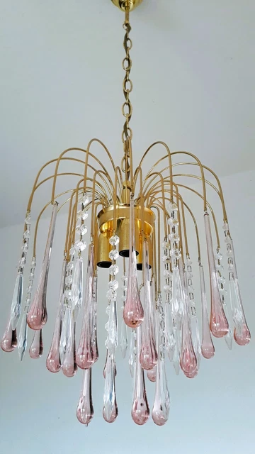 70S WATERFALL LAMP Light Pink Glass Drop Crystals D=35cm Vintage 70s £ ...