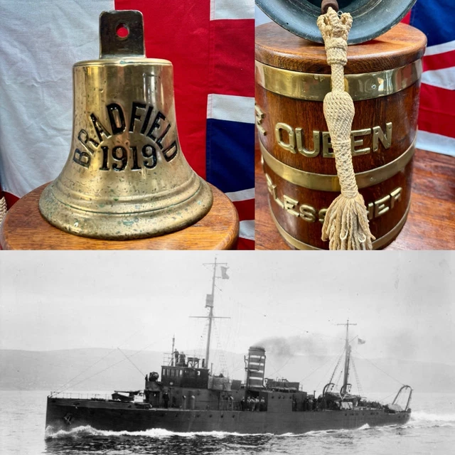 RARE ROYAL NAVY HMS Bradfield Bronze Commissioning Bell & Bell Rope d ...