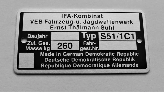 TYPENSCHILD SIMSON S51/1C1 Plakette 260kg IFA VEB, blanko EUR 9,99 ...