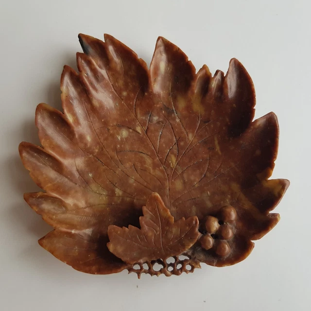 SOAPSTONE CHINESE HAND carved incense dish grape leaf natural stone ...