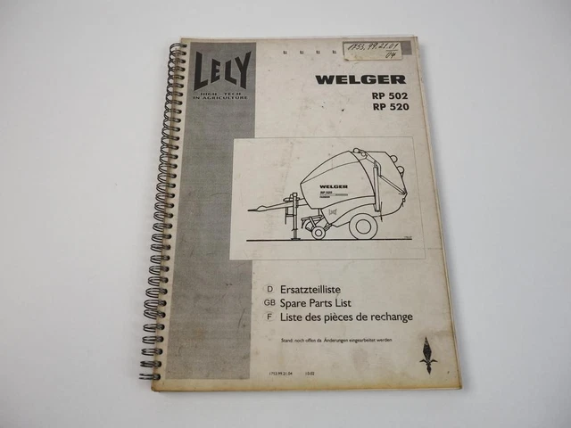 WELGER RP502 RP520 Round Baler Spare Parts List 2002 £33.67 - PicClick UK