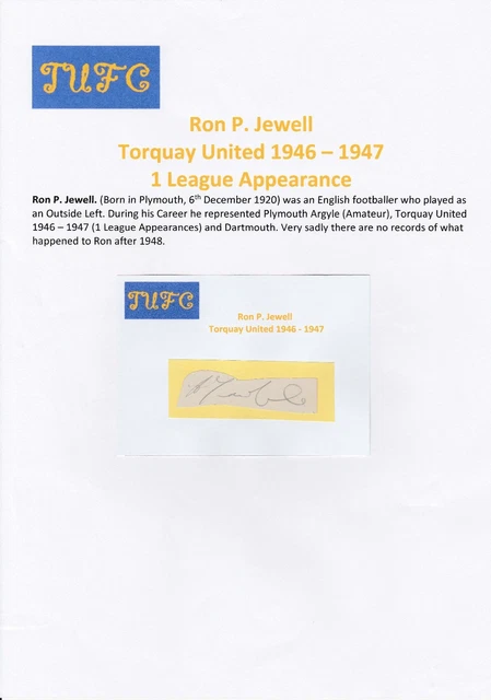 RON JEWELL TORQUAY United 1946-1947 Very Rare Original Hand Signed ...