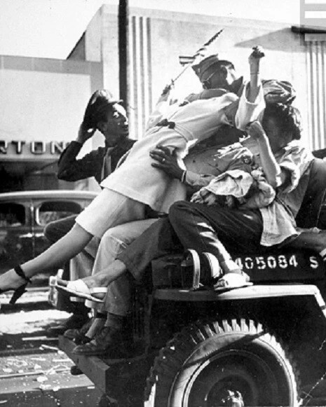 U.S. SOLDIER KISSING girl at war end celebration on Jeep WWII 8x10 ...