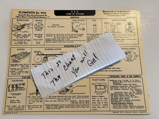 AEA TUNE-UP CHART System 1933 Plymouth Six Model PC New Six Silver Dome ...