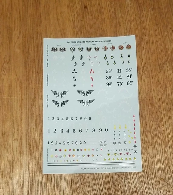 IMPERIAL KNIGHT ARMIGER Transfer Sheet Warhammer 40k Games Workshop £3. ...