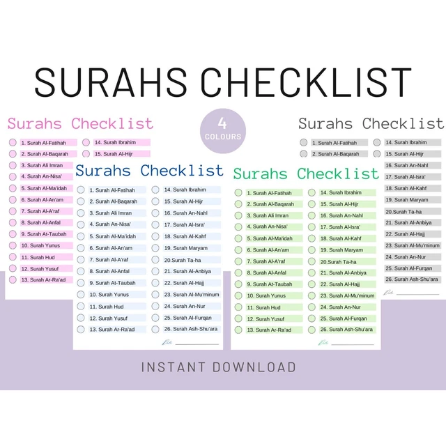 SURAH CHECKLIST PRINTABLE, Surah Tracker, Quran Tracker, Recitation ...