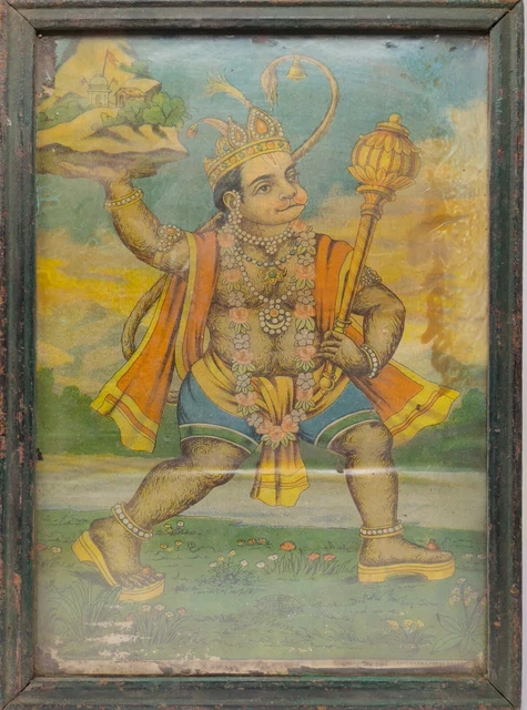VINTAGE HINDU GOD Hanuman Raja Ravi Varma Press Lithograph Print Frame ...