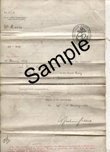 RARE ADMIRALTY LETTER/CERTIFICATE of Invalided Out Of Service - Dated ...