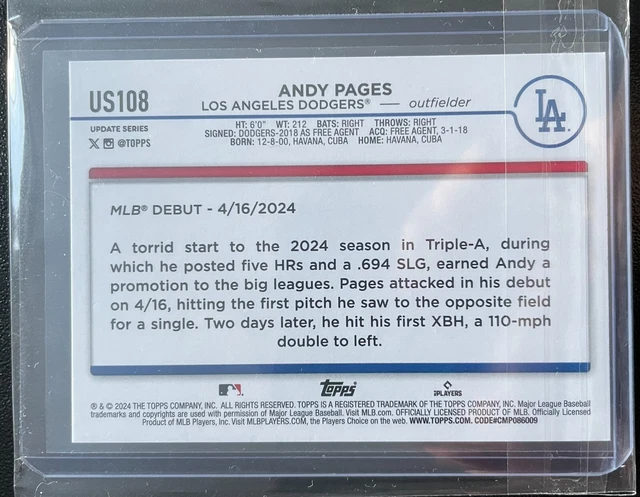 ANDY PAGES ROOKIE Debut Card US108 - 2024 Topps Baseball Update Series ...