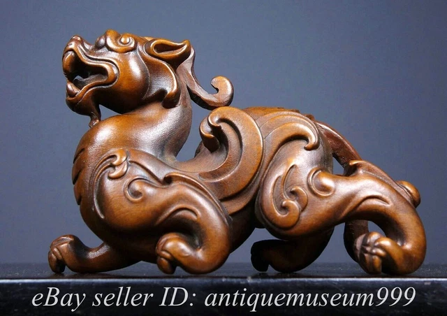 4& OLD CHINESE Boxwood Wood Carved Dynasty Pixiu Beast Statue Sculpture ...