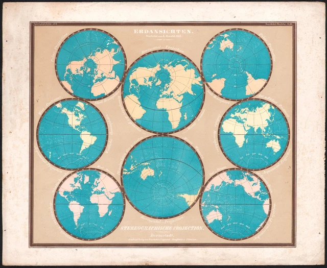 1858 RARE LITHOGRAPHY Map Earth Views Globe Hemispheres Geography Ewald ...