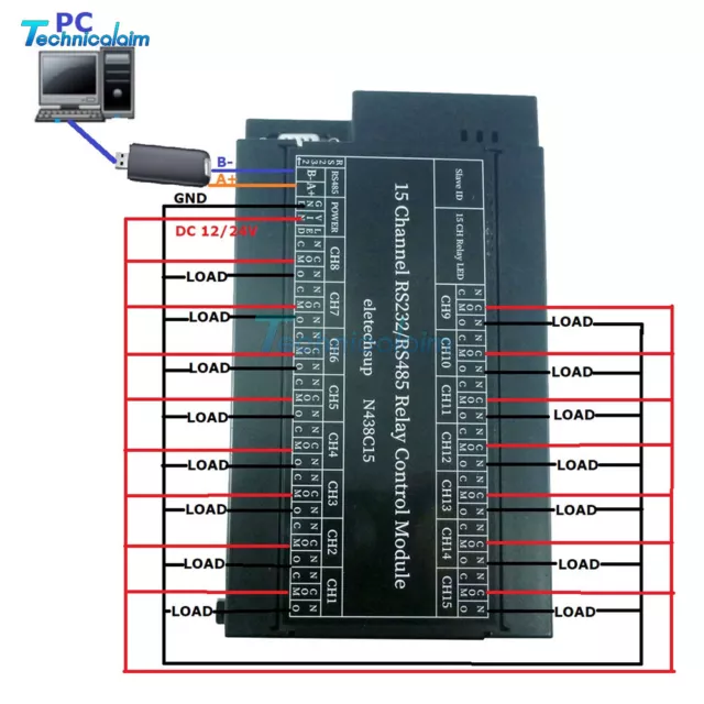 15CHANNEL RS485 RS232 Modbus RTU Relay PLC DO PC UART Serial Port ...