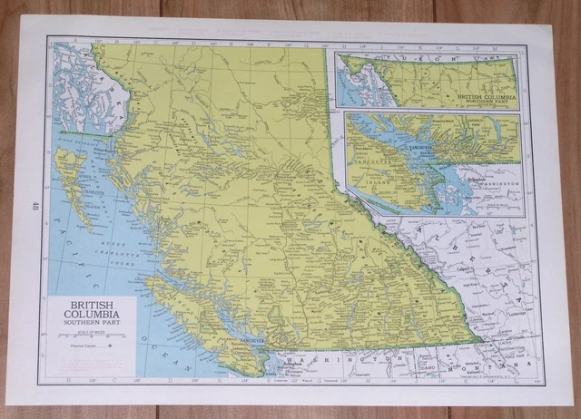 1950 ORIGINAL VINTAGE Map British Columbia Vancouver Verso Saskatchewan ...