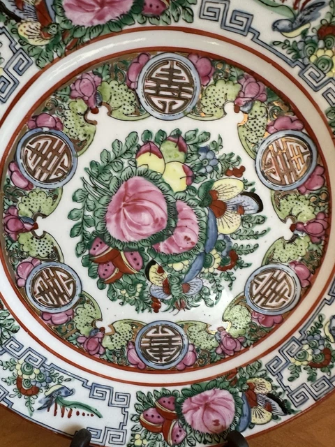 VTG FAMILLE ROSE CHINESE 10" PORCELAIN PLATE-butterfly & Flowers-Shou ...