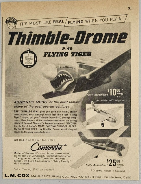 1960 PRINT AD Cox Thimble-Drome P-40 Flying Tiger Plane Santa Ana ...