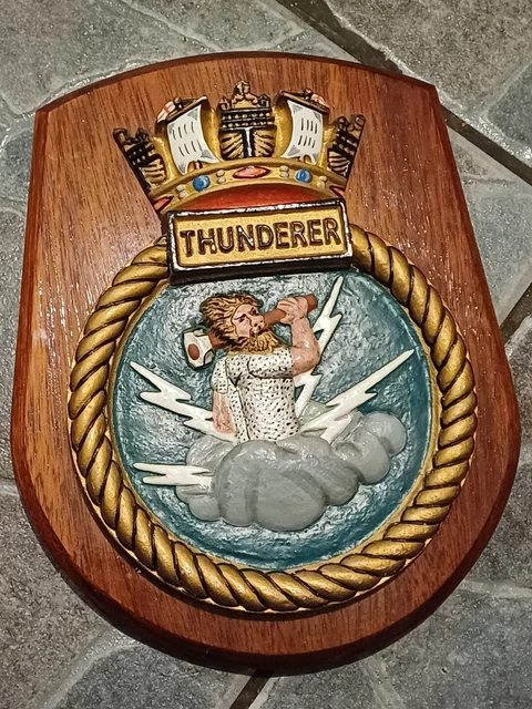 VINTAGE ROYAL NAVY HMS Thunderer Large Crest Wall Plaque Wooden Shield ...