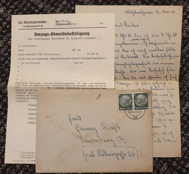 ORIGINAL VINTAGE GERMAN ww2 letter NURNBERG/WILHELMSHAVEN 1941 $3.80 ...