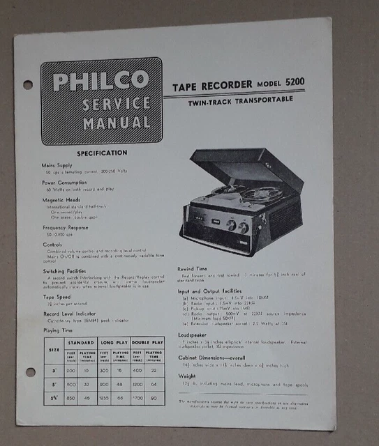 PHILCO TAPE RECORDER Model 5200 Service Manual -Twin Track ...