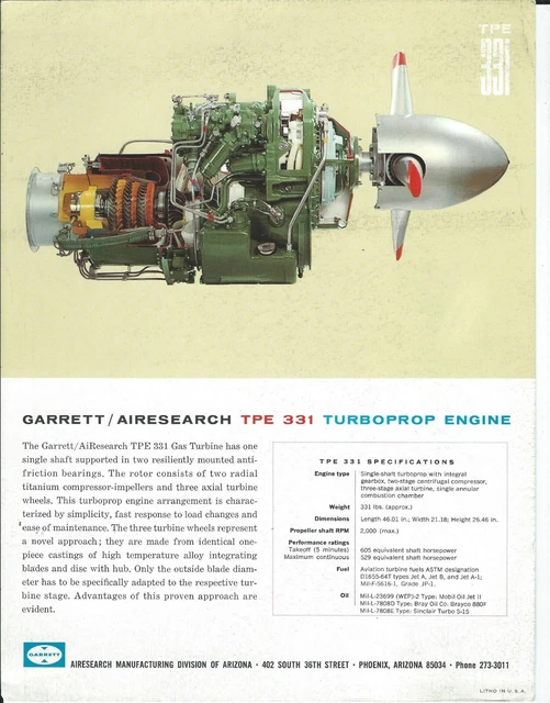 AIRCRAFT ENGINE DATA Sheet - Garrett Airesearch - TPE 331 - Brochure ...