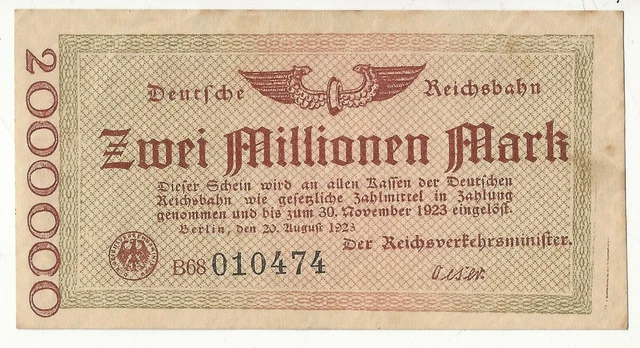 P-S101 1923 DEUTSCHE Reichsbahn 20 million mark note AUNC world lot ...