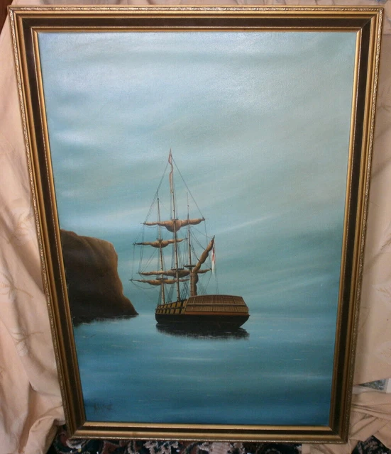 MORLEY WESCOMB - Signed '82 Large Oil On Canvas Painting / Naval Ship ...