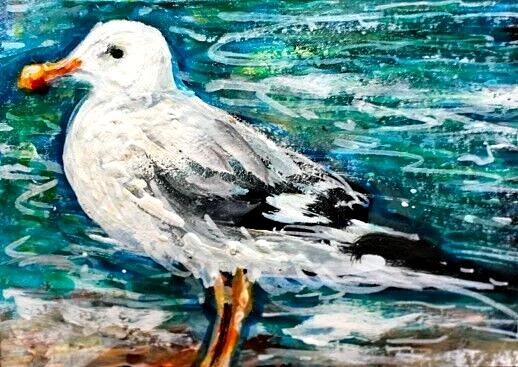 ORIGINAL ACEO PAINTING SEAGULL Beach Waves OCEAN BIRD Summer Shore Sea ...