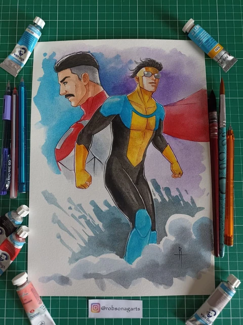 INVINCIBLE AND OMNI-MAN. Watercolor artwork and pencil sketch by Robson ...