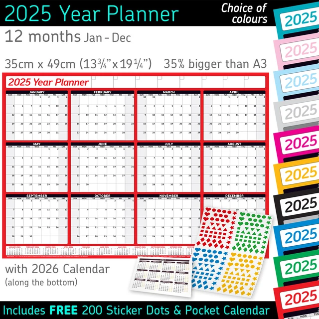 2025 YEAR PLANNER Calender Wall Chart Yearly Calendar+FREE 200 Dots A3 ...