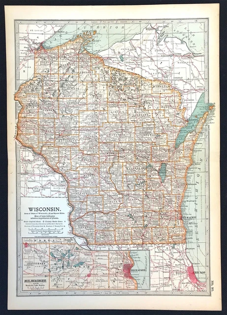 WISCONSIN STATE MAP with original litho colour by Ben Eli Smith 1901 £ ...