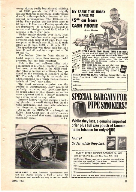 1966 PRINT MAGAZINE Print Article Spotlight on MGB-GT Alex Markovich £ ...