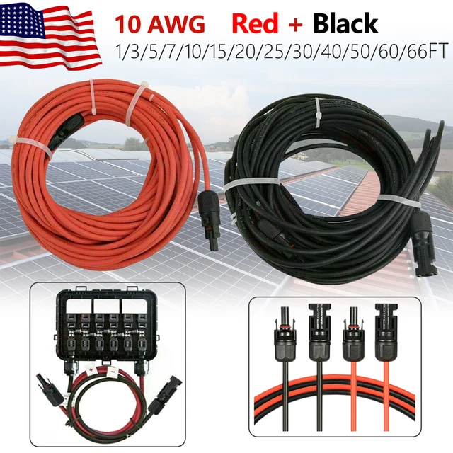 10 AWG BLACK+RED Solar Panel Extension Cable Silicone Flexible Wire ...