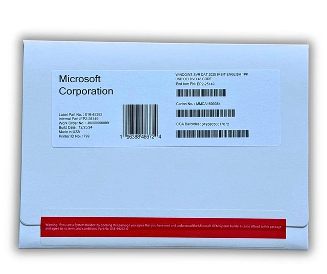 MICROSOFT WINDOWS SERVER 2025 Datacenter 64-Bit 48 Core DVD+KEY £55.82 - PicClick UK