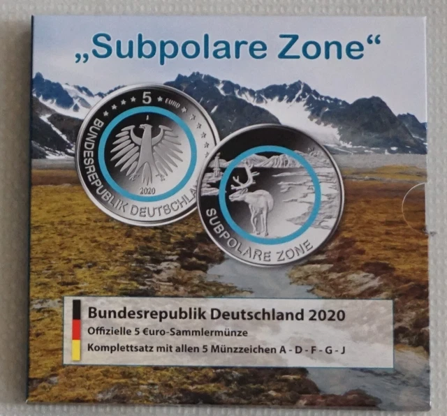SAMMLERMÜNZEN, 5 X 5 Euro, Subpolare Zone 2020, Komplettsatz, A-D-F-G-J ...