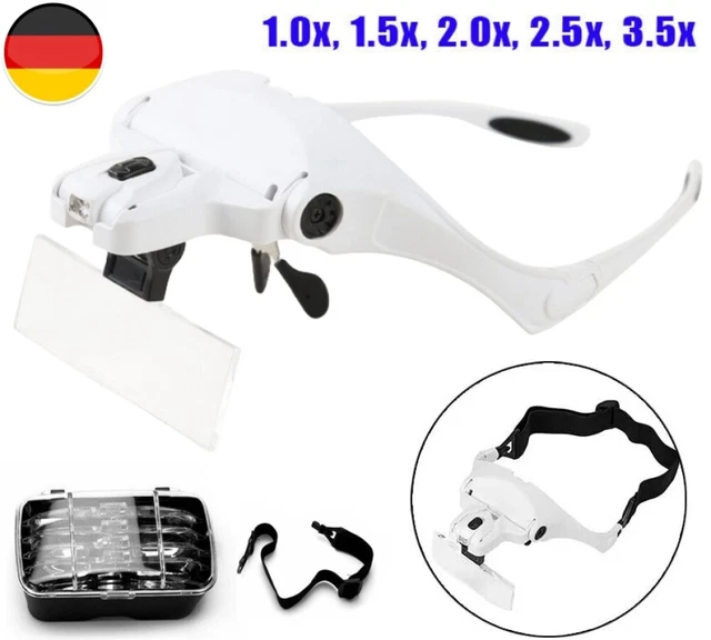 2-LED KOPFLUPE STIRNLUPE Brillenlupe Lupenbrille Lupe Licht mit 5 ...